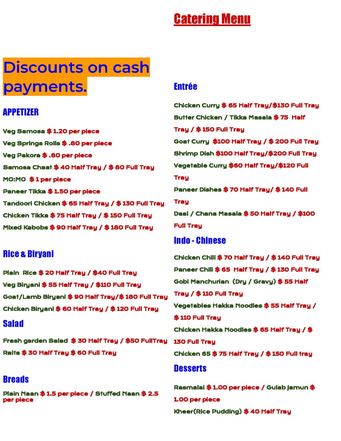 Catering Menu - Curry Place Silver Spring