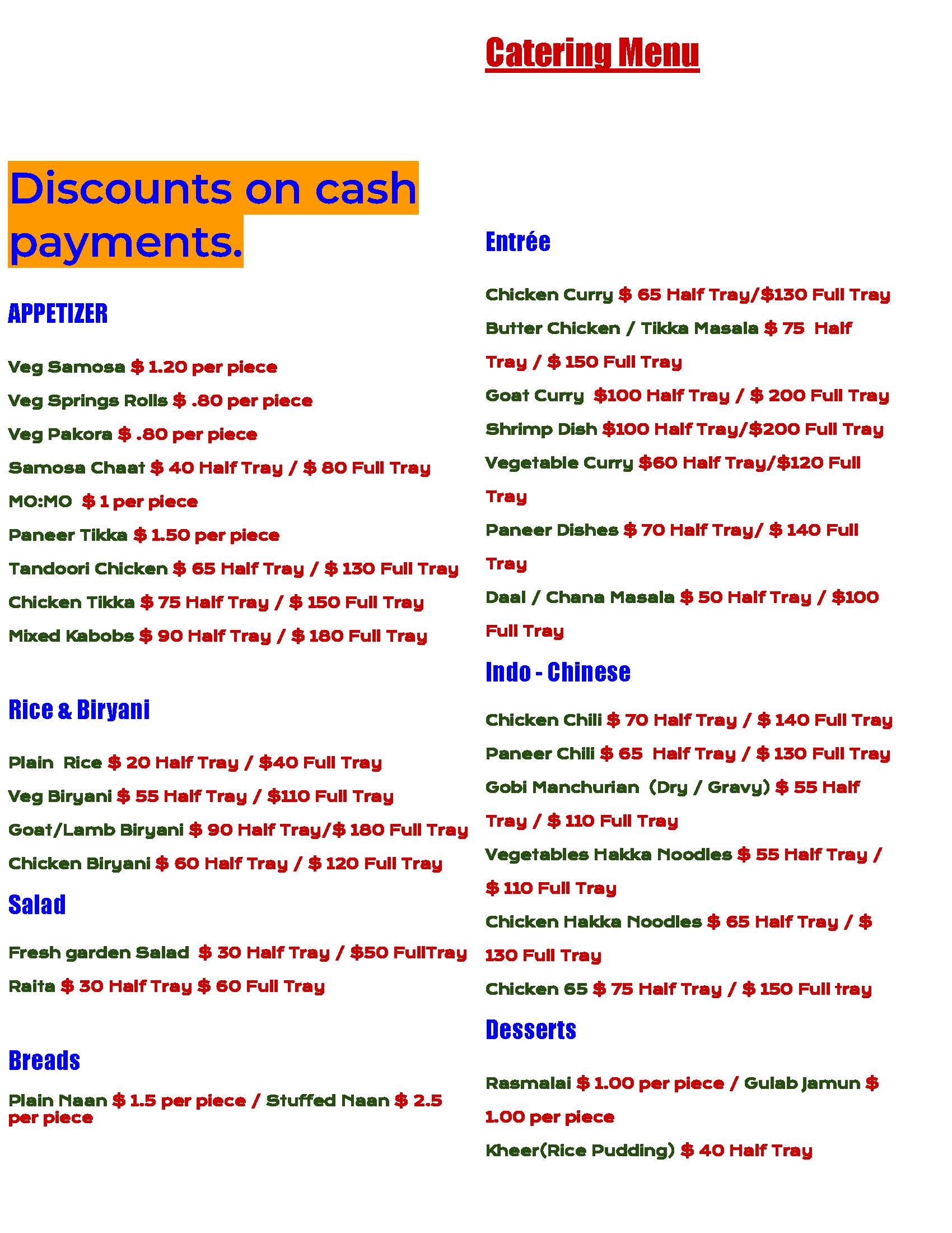 Catering Menu - Curry Place Silver Spring